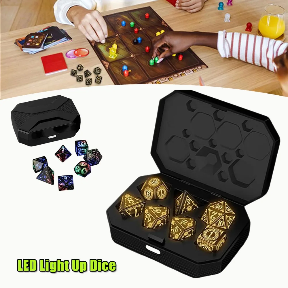 USB Rechargeable LED Light Up Dice 7PCS Set Glowing Polyhedral RPG DND ...