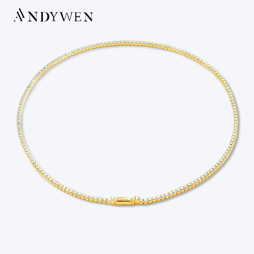 ANDYWEN 925 Sterling Silver Gold 2mm Tennis Chain Choker Necklace Long ...