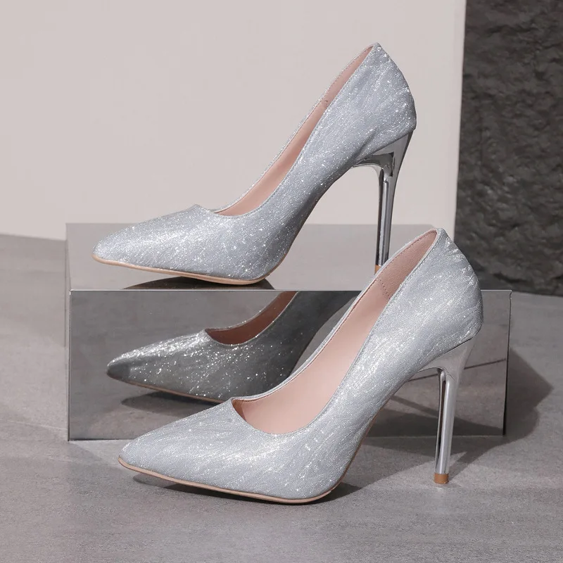 Silver High Heels Single Shoes Women's Thin Heel Sharp Pointed Toe ...