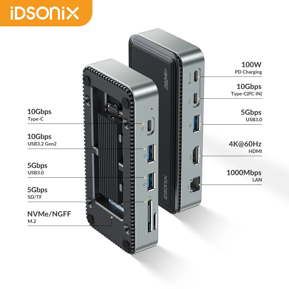 IDsonix-NVMe Enclosure Docking Station, 10Gbps, HUB USB 3.2, SATA, Caso SSD, Divisor USB ...