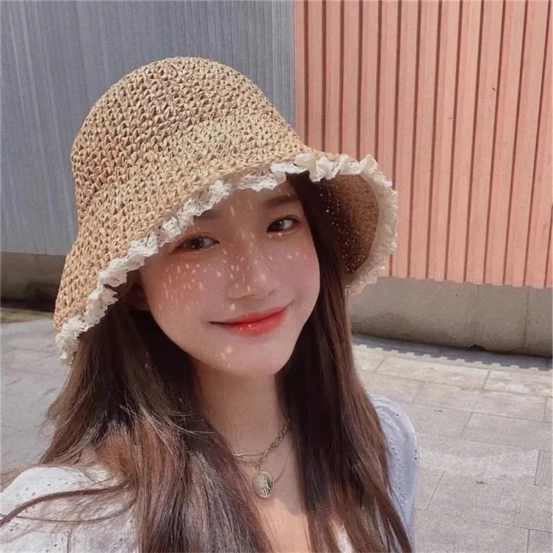 여성용 여름 모자 접이식 할로우 레이스 트림 밀짚 모자 여아 야외 여행 캐주얼 패션 밀짚 모자 시원한 여름 모자 버킷 모자