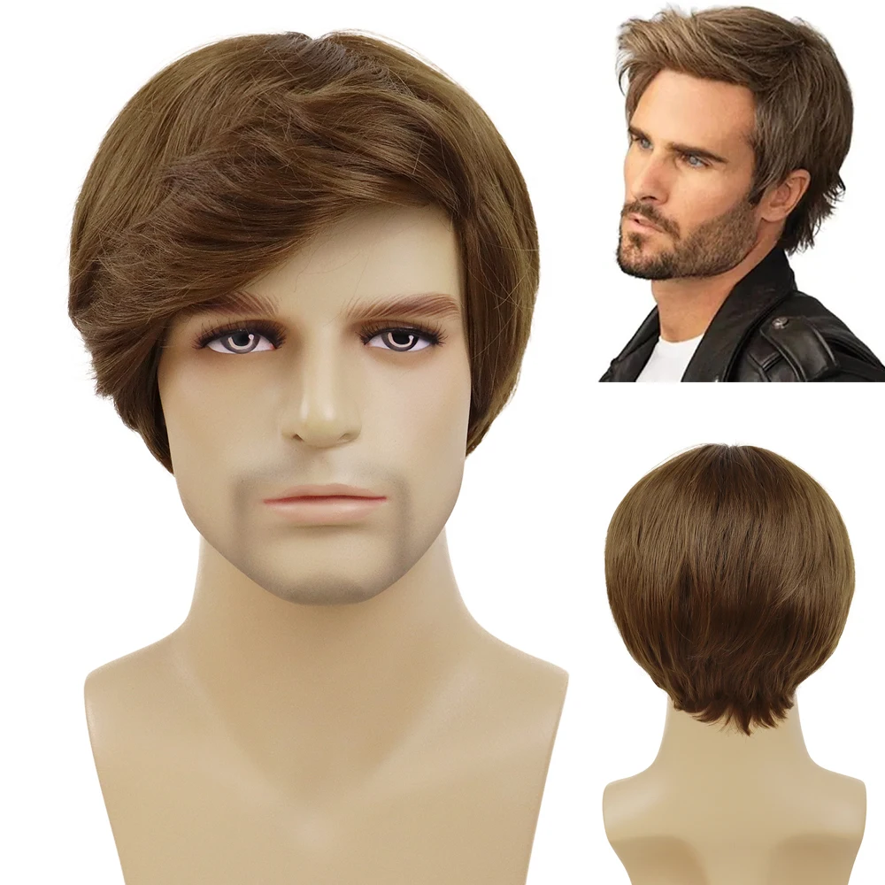 GNIMEGIL Perucas Curtas para Homens Peruca Marrom Sintética com Franja ...