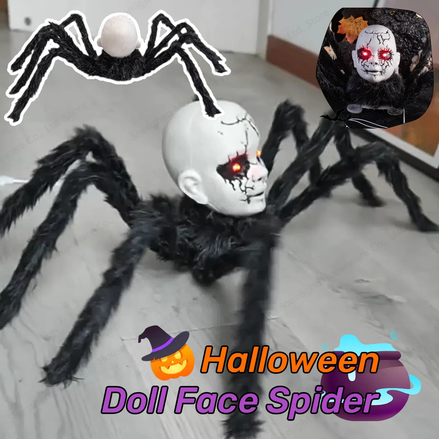 Halloween Animatronic Face Spider Sound Activated Scary Walking Spider ...