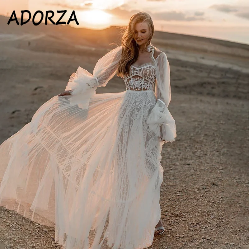 ADORZA-Wedding-Dress-Long-Puffy-Sleeves-Lace-Appliques-Bridal-Gown ...