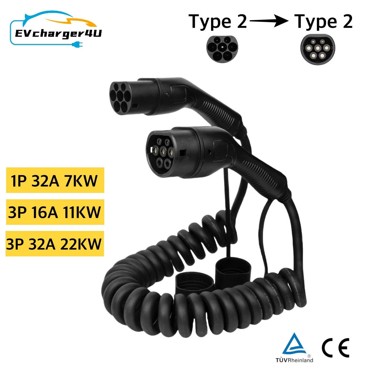 IEC62196-Type-2-to-Type2-EV-Charging-Cable-Spiral-16A-32A-7KW-11KW-22KW ...