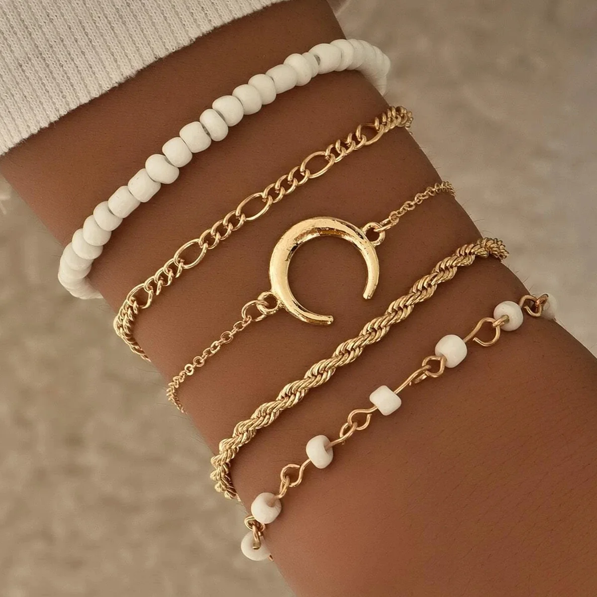 Retro Bohemia Twist Moon Multilayer Bracelet Meter Bead Six-Piece Set ...