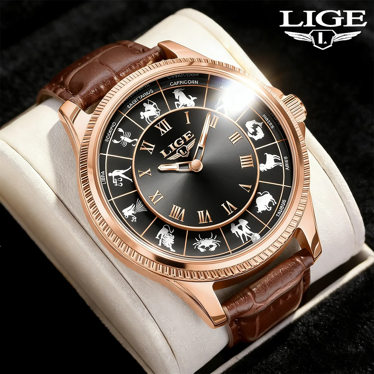 LIGE Quartz Man Watch Fashion Luxury Constellation Dial Design Leather ...