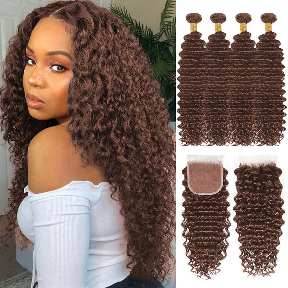 Chocolate Brown #4 Deep Wave Bundles With Closure Human Hair 4x4 100% ...