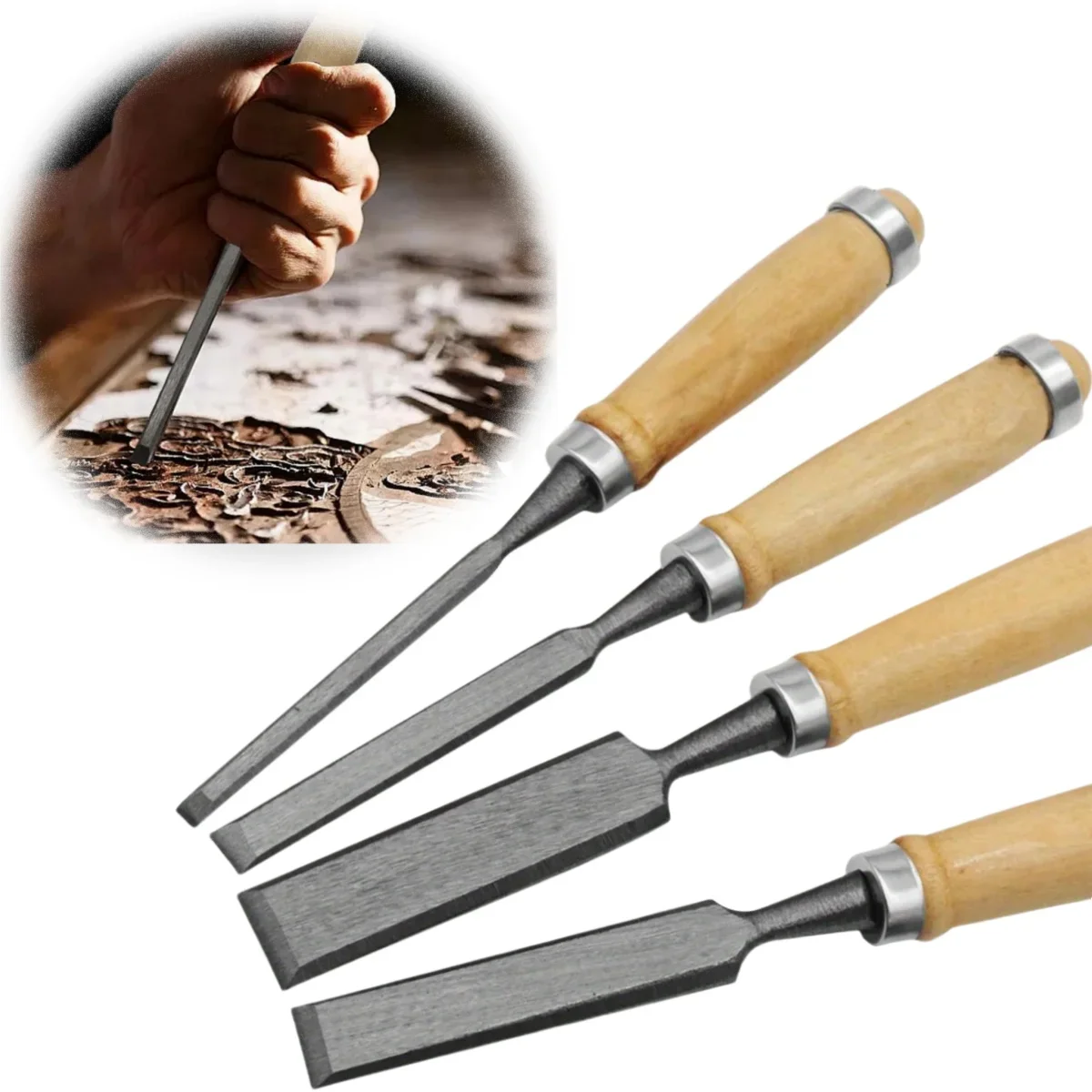 4 Pieces 8/12/16/20mm Wood Chisel Sets with Beech Wood Handle and End ...