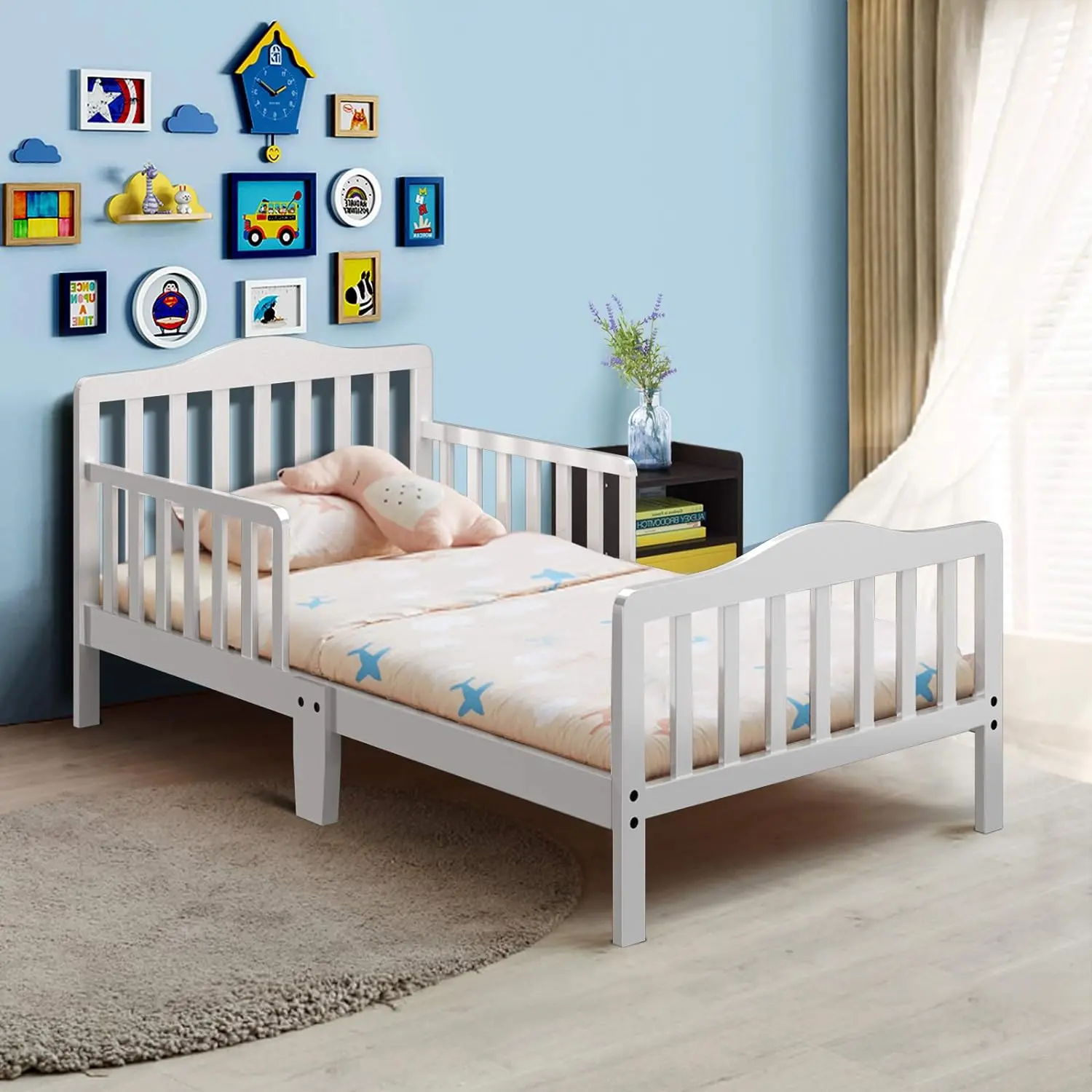 Toddler-Bed-Classic-Wood-Kids-Bed-Frame-w-Double-Safety-Guardrail ...