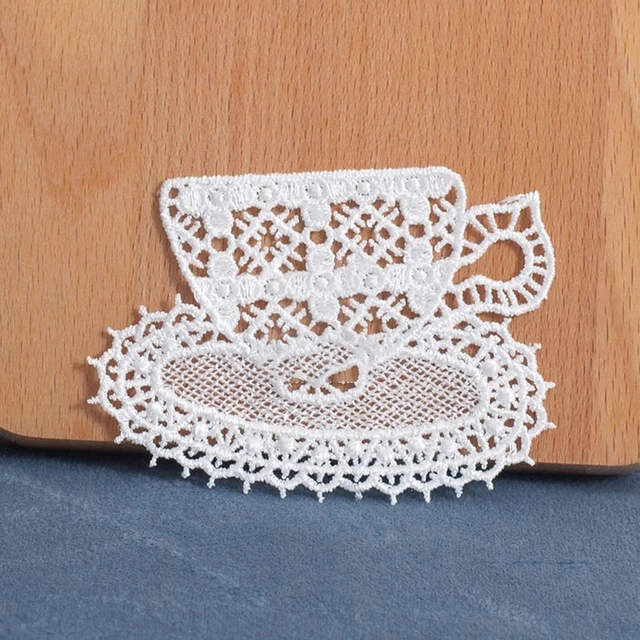 1 Pair White Tea Cup Embroidery Patches Sew On Cafe Badges for DIY ...