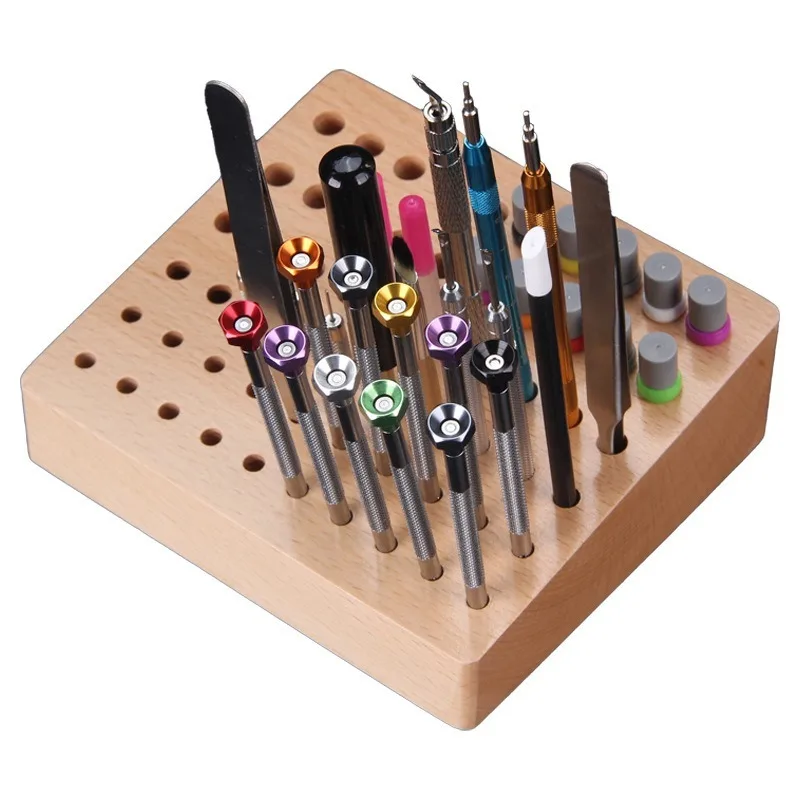 46-Holes-Watch-Repair-Tools-Holder-Box-Wooden-Rack-Leather-Craft ...