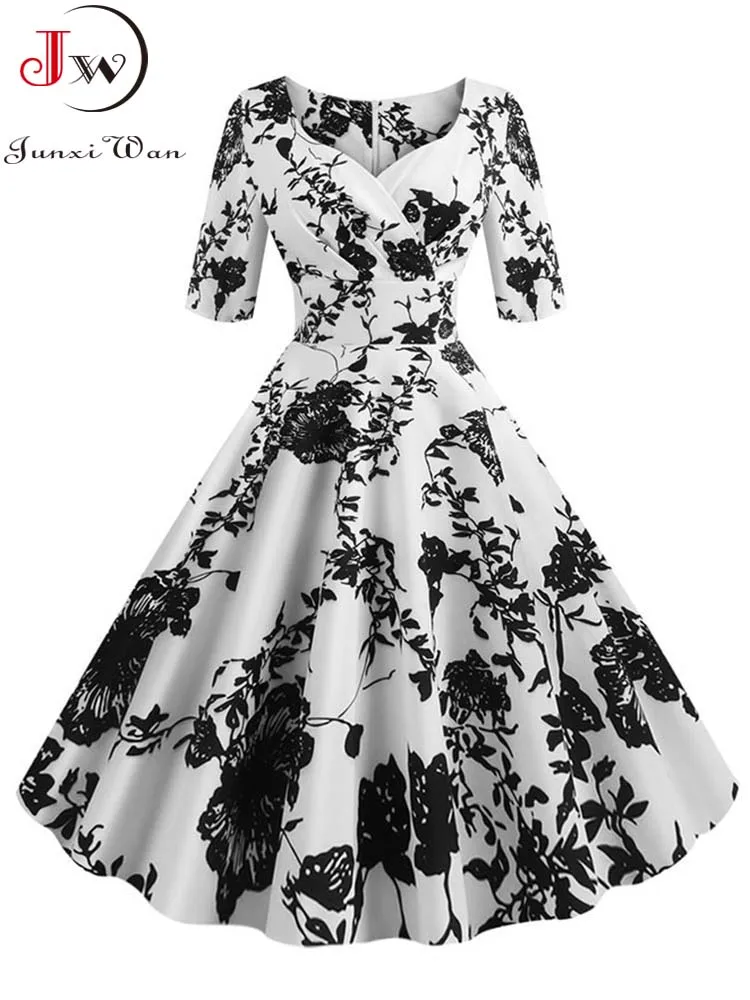 Half-Sleeve-Black-Summer-Women-Dress-Floral-Print-Vintage-Party-Dresses ...