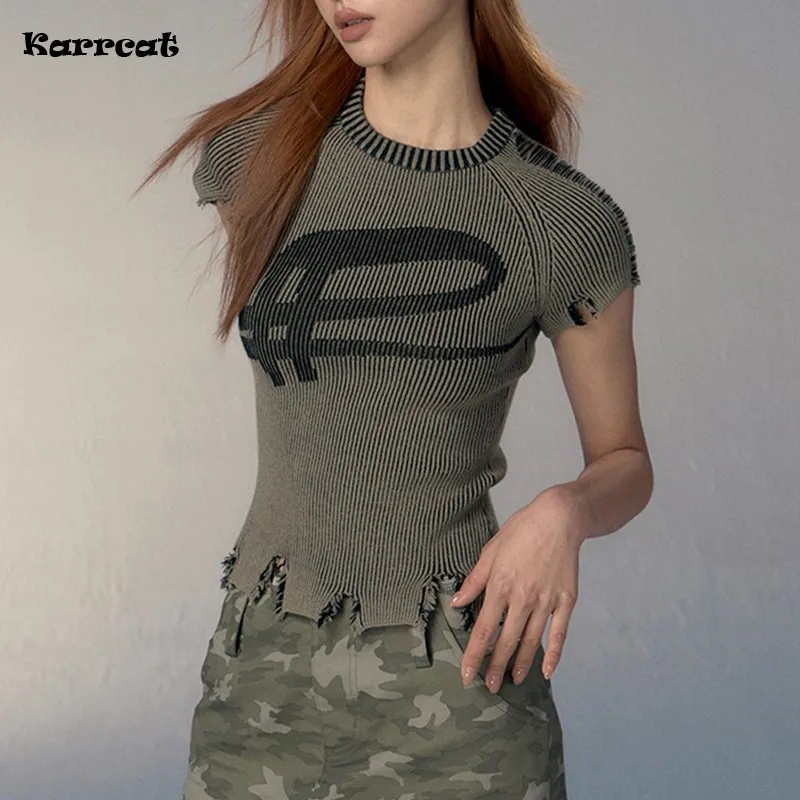 Karrcat-Grunge-Aesthetics-Knitted-Top-Vintage-Distressed-T-shirt-Punk-Broken-Crop-Top-Harajuku ...