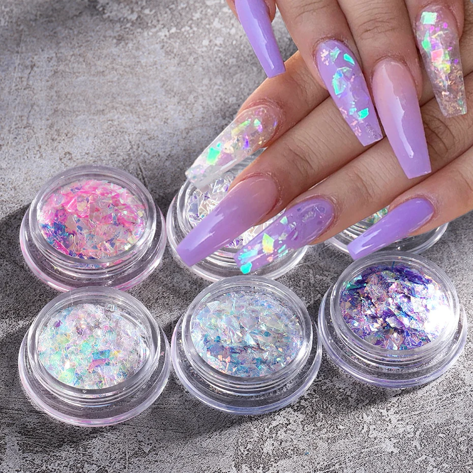 6pcs Aurora Mica Flakes Nail Art Sequins Glitter Mixed Shiny Sparkles ...