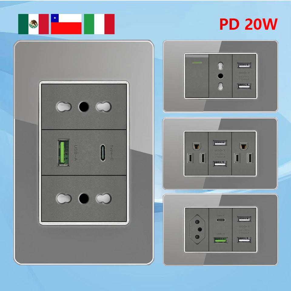 Italy-Chile-Socket-with-USB-Smart-Type-c-20W-Fast-Charging-Glass-Wall ...