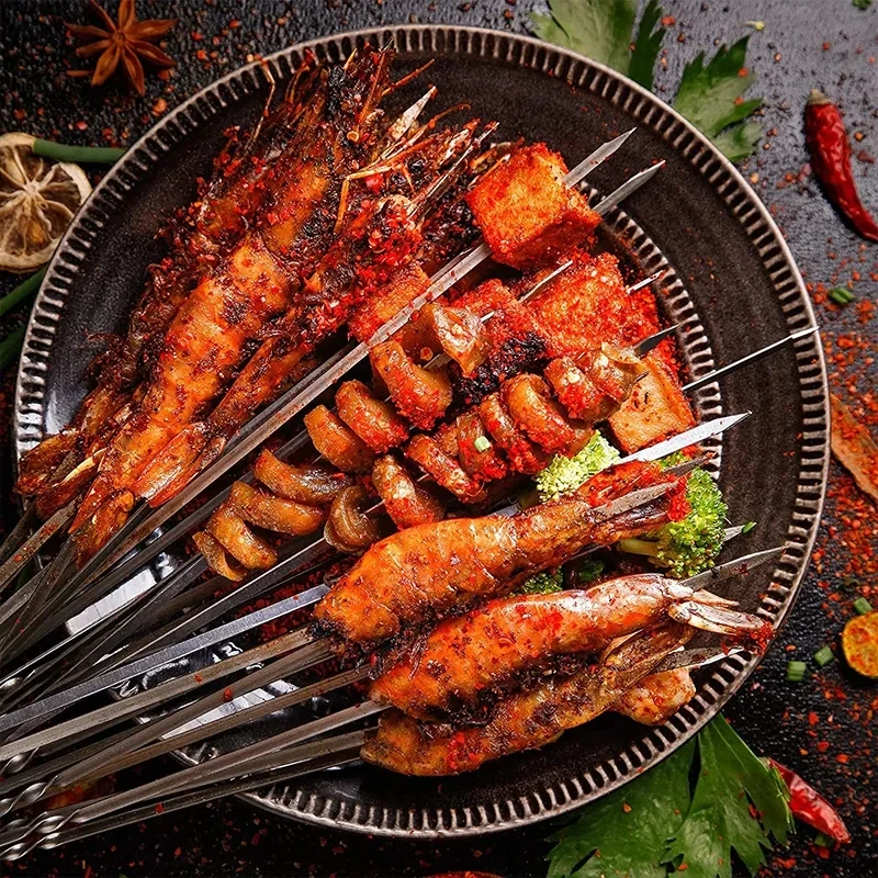 Kabab Skewer 60CM Stainless Steel Long Wood Handle BBQ Skewers For ...