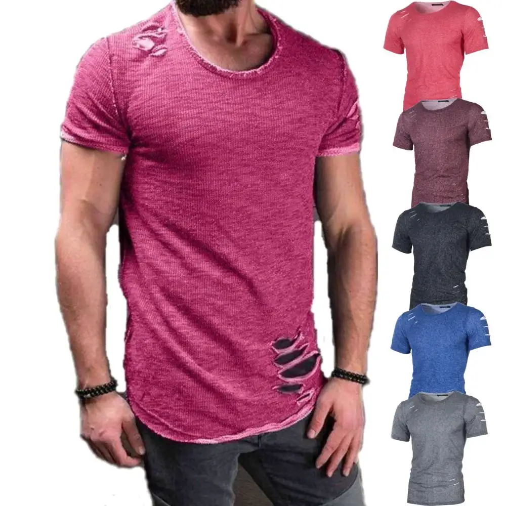 NEW-Trendy-T-Shirt-O-Neck-Ripped-Hole-Distressed-Short-Sleeve-Mens ...