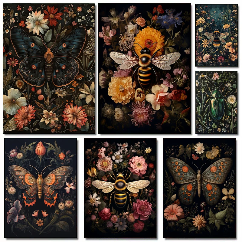 Vintage Goth Insect Floral Bee Butterfly Moth Poster and Prints Canvas ...