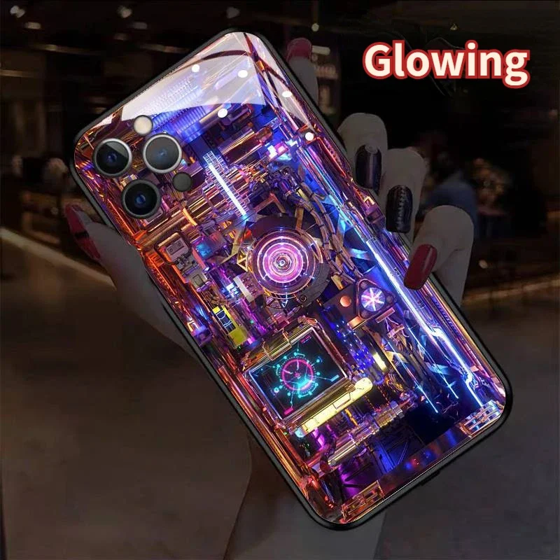 High-Tech LED Light Glowing Luminous Tempered Glass Back Phone Case for ...