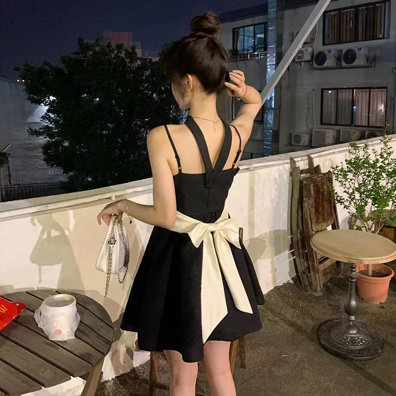 Black Dresses Women Sexy Sling Robe Femme Backless Ruffles Sweet A-line ...