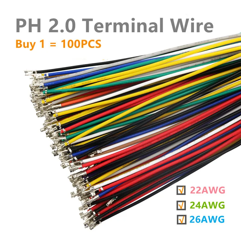 100PCS/LOT PH2.0 Connector Terminal Wire Pure Copper Color Electronic Cable Single/Double Head ...