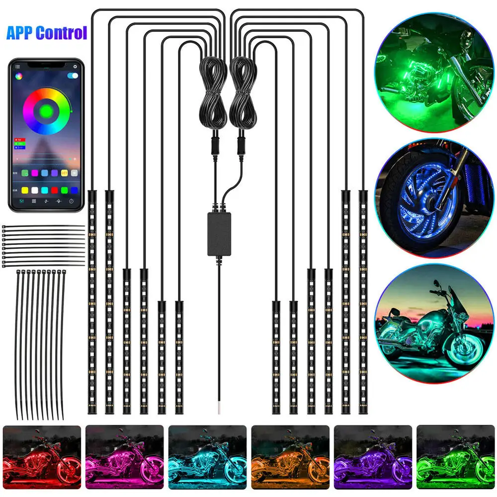 12pcs Motorcycle Rgb Led Waterproof Under Glow Lights Strip Neon Kit ...