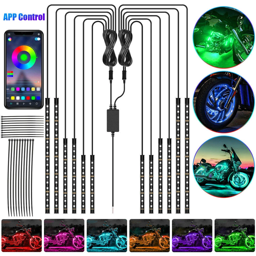 12pcs Motorcycle Rgb Led Waterproof Under Glow Lights Strip Neon Kit ...