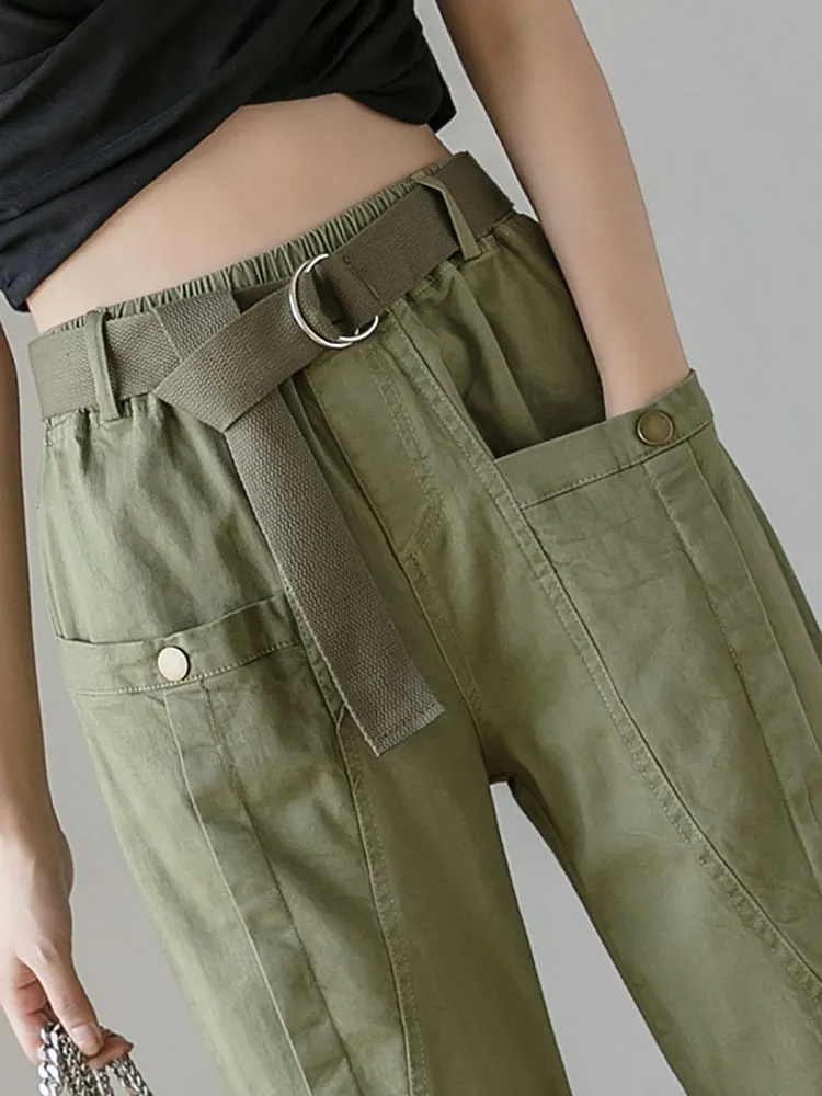 Elastic-Waist-Sashes-Cargo-Pants-Women-Big-Pocket-Army-Green-Casual ...