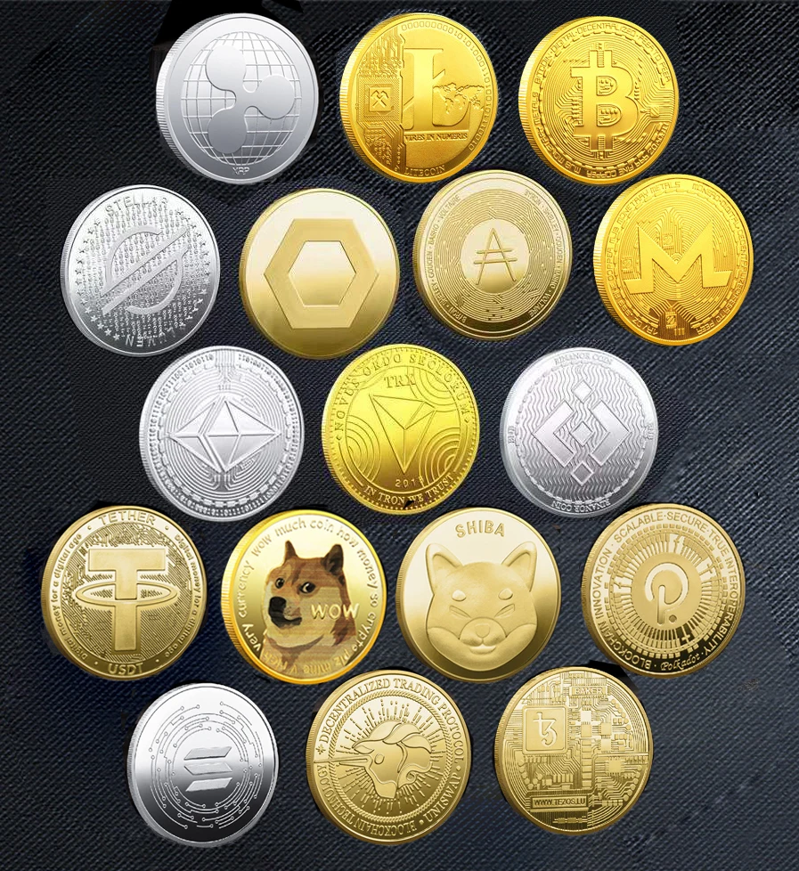 Colección de monedas de Bitcoin BTC ETH ADA XLM SHIB DOGE XRP SOL DOT LINK LTC UNI Coin, moneda ...