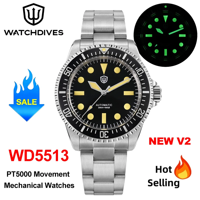 Watchdives WD5513 V2 Automatic Mechanical Watches PT5000 Movement 200m ...
