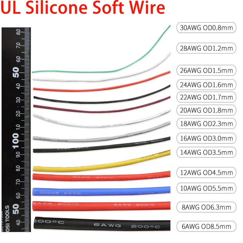 1M/5M Heat resistant cable 30 28 26 24 22 20 18 16 15 14 13 12 10 AWG Ultra Soft Silicone Wire ...
