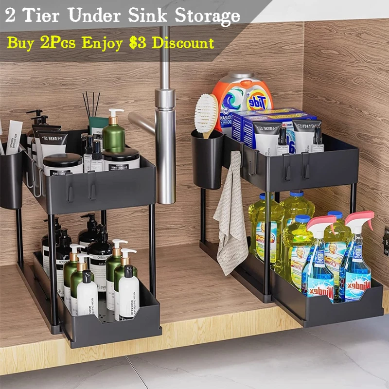 Kitchen Under Sink Storage Organizer 2 Tier Drawer Multipurpose Rack ...