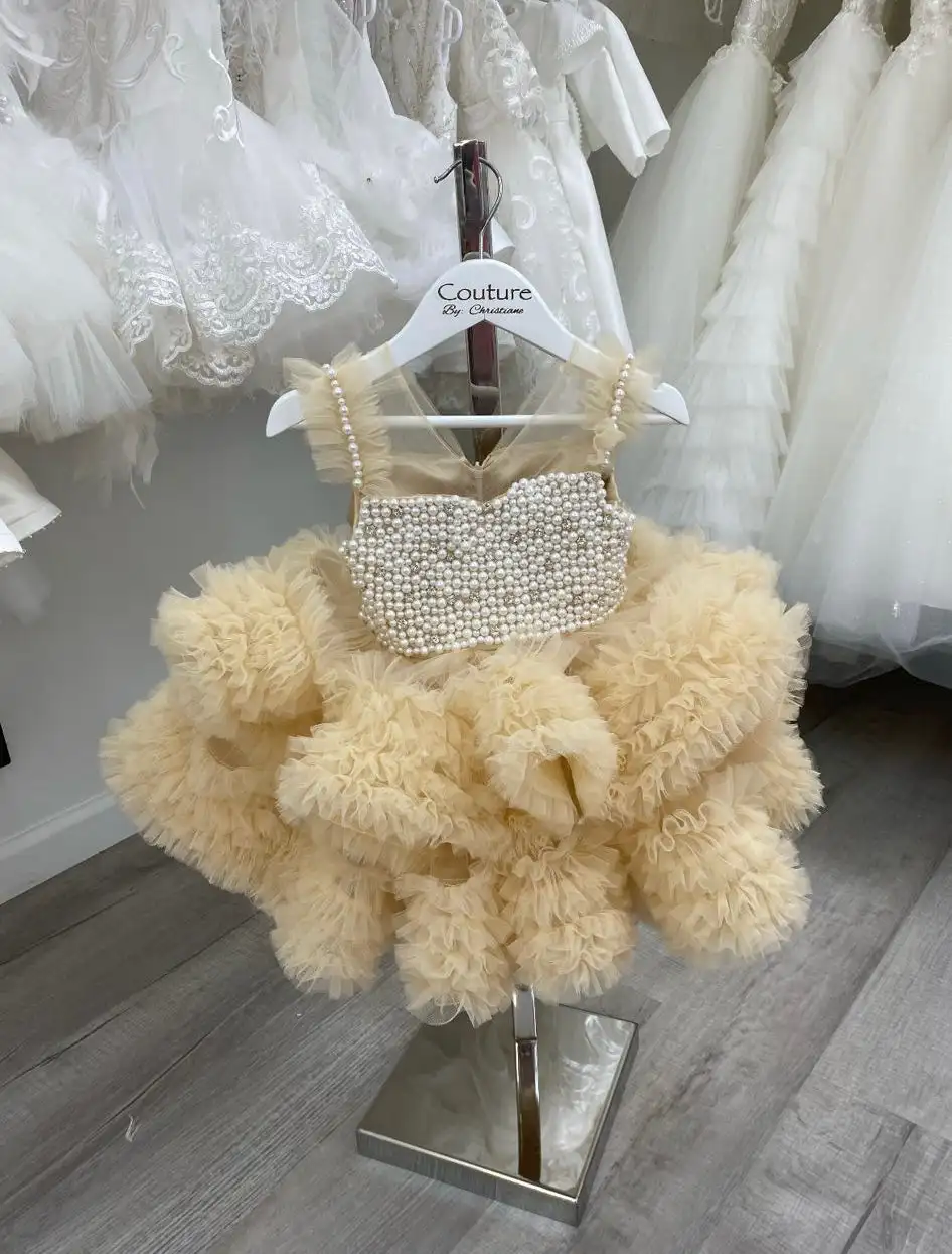 Lovely-Baby-Flower-Girl-Dress-Bow-Tie-Back-Ball-Gown-Long-Lace-Train ...