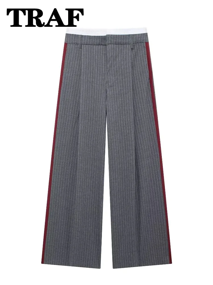 TRAF-Sagging-Sense-Pants-For-Woman-Fine-Stripe-Print-Wide-Leg-Pants-Red ...