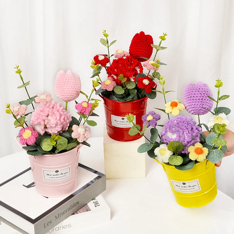 Crochet-Knitted-Flowers-Bouquet-Hug-Bucket-Flower-Bucket-Creative ...