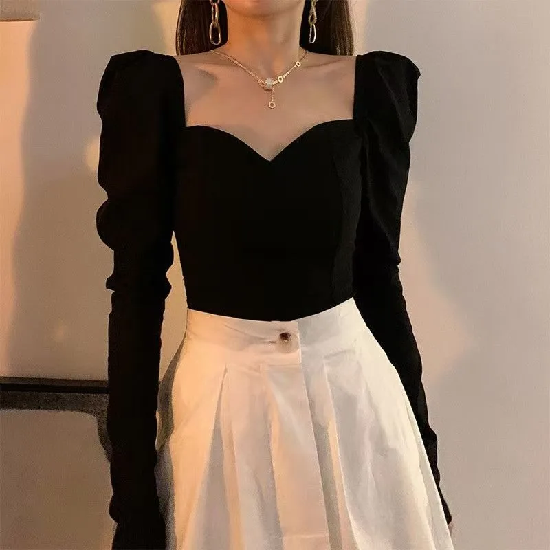 Women-Elegant-Low-Cut-Top-Long-Sleeve-Solid-Colors-Tees-French-Style ...