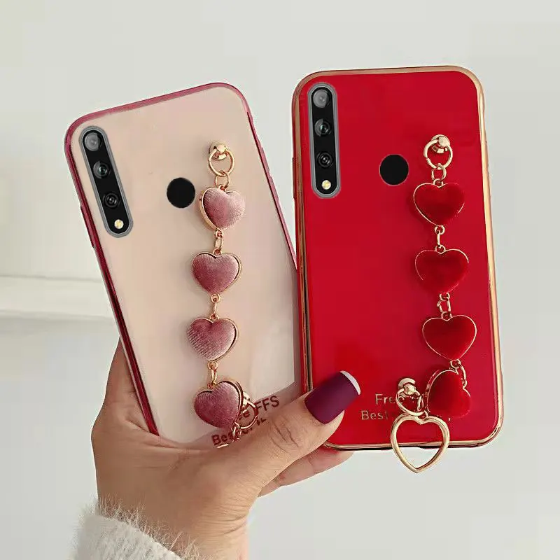Funda de silicona para Huawei Y7P, carcasa chapada de lujo con cadena de muñeca y corazón para ...