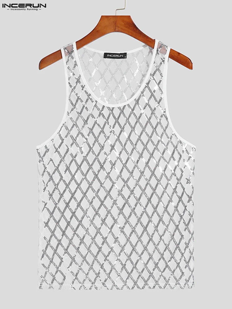 Incerun Men Tank Tops On-neck Sequins Mesh Transparent Sleeveless ...