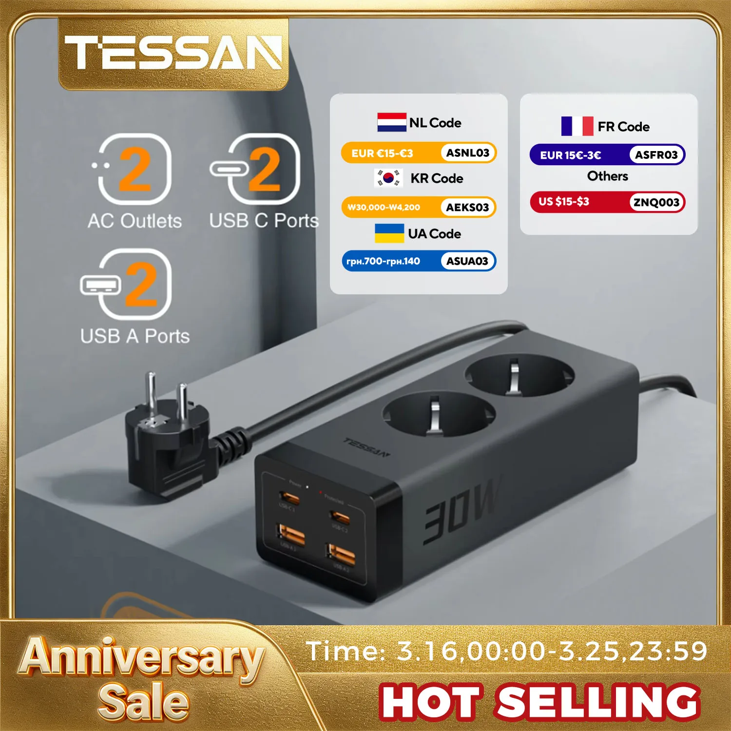 TESSAN 30W GaN Multiple Socket Power Strip with 2 Outlets 2 USB 2 Type ...