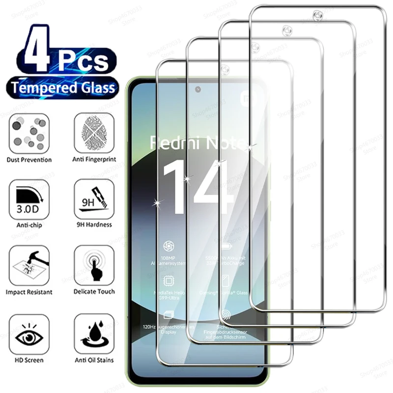 4PCS Tempered Glass Screen Protector For Xiaomi Redmi Note 14 5G 14S 13 ...
