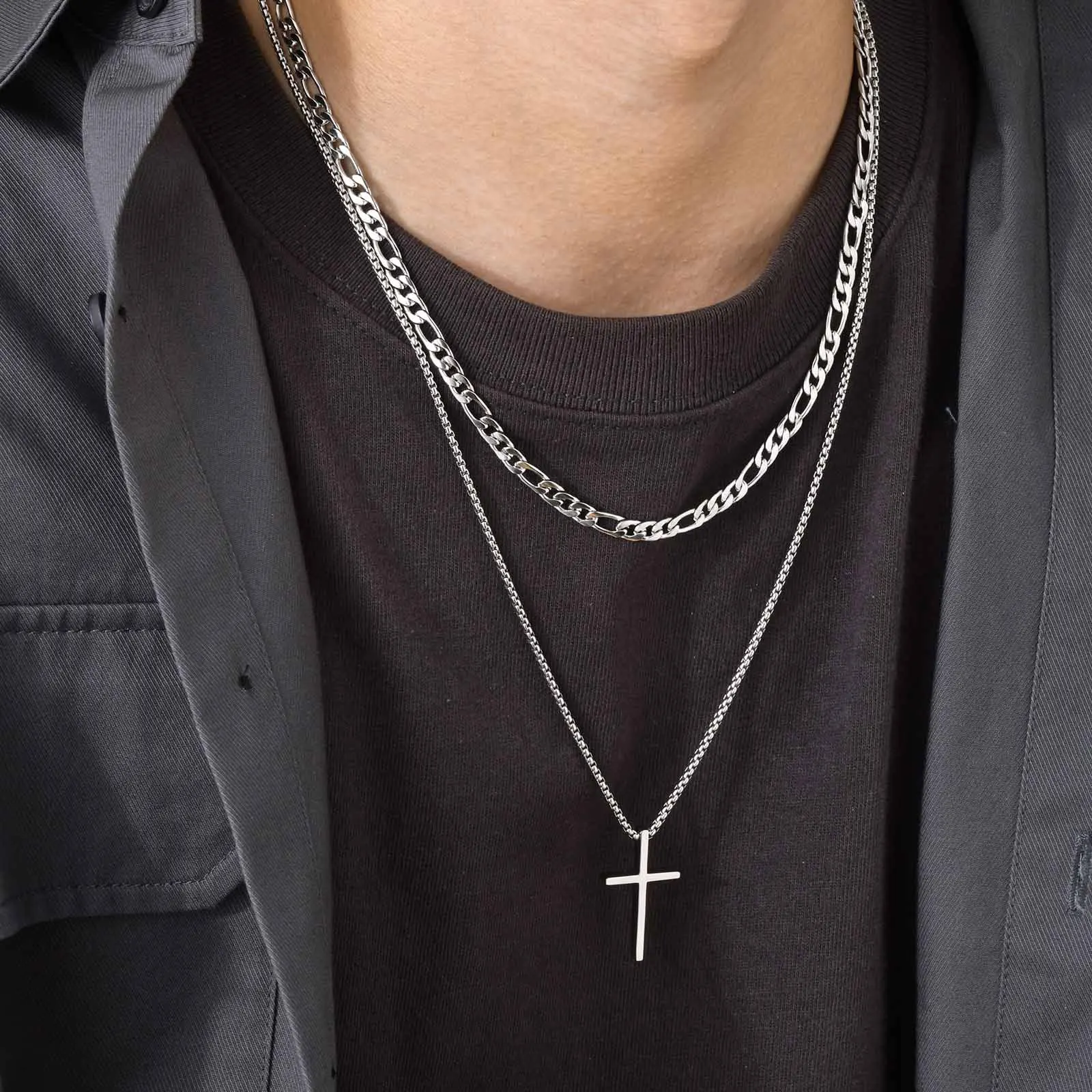 Simple Cross Chain Stacking Necklace Set for Men, Stainless Steel Rope ...