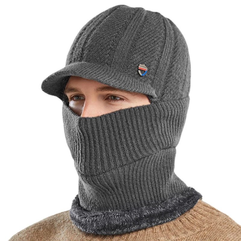 3-in-1 Winter Knitted Hat for Men Metal Badge Thicken Plush Warmth ...