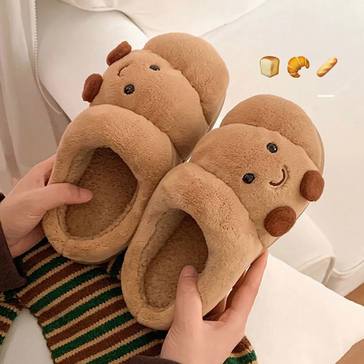 Fun Croissant-Shaped Cotton Slippers for Men and Women, Winter Couple's ...