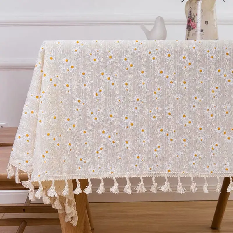Korean-Style-Daisy-Tassels-Cotton-Floral-Tablecloth-Tea-Table ...