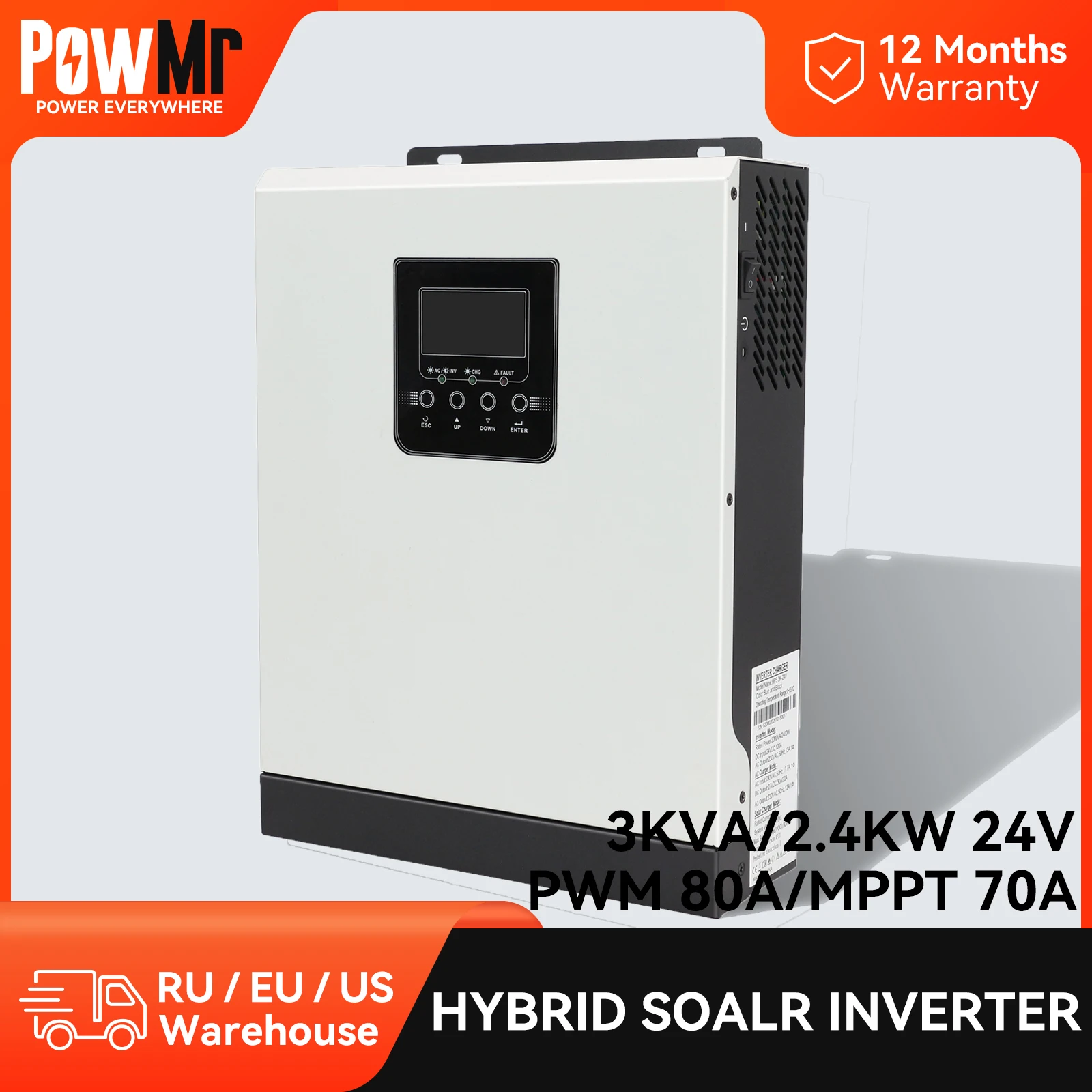 Powmr Solar Inverter Hybrid 2.4kw 3kva 24v To 230v 50hz/60hz Mppt 70a ...