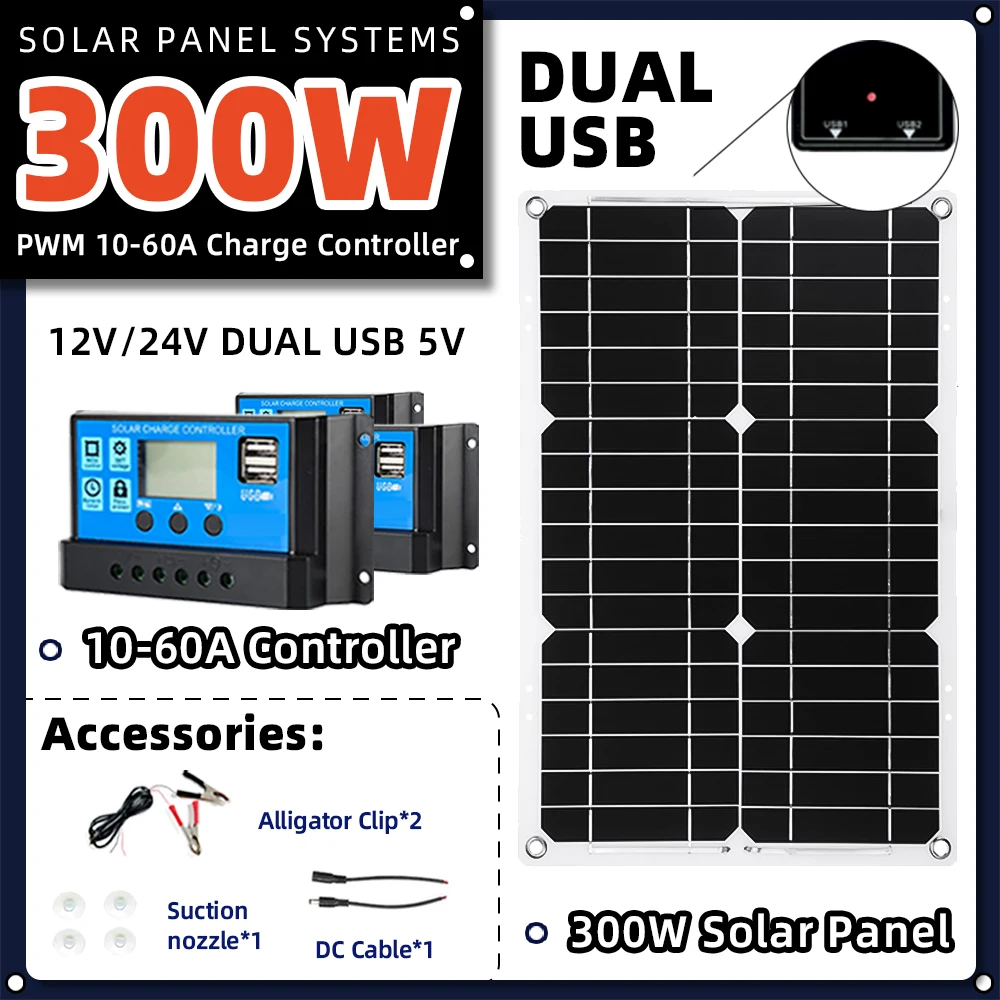 Solar-Panel-300W-18V-Cable-Car-Battery-Solar-Panel-System-Kit-Portable ...