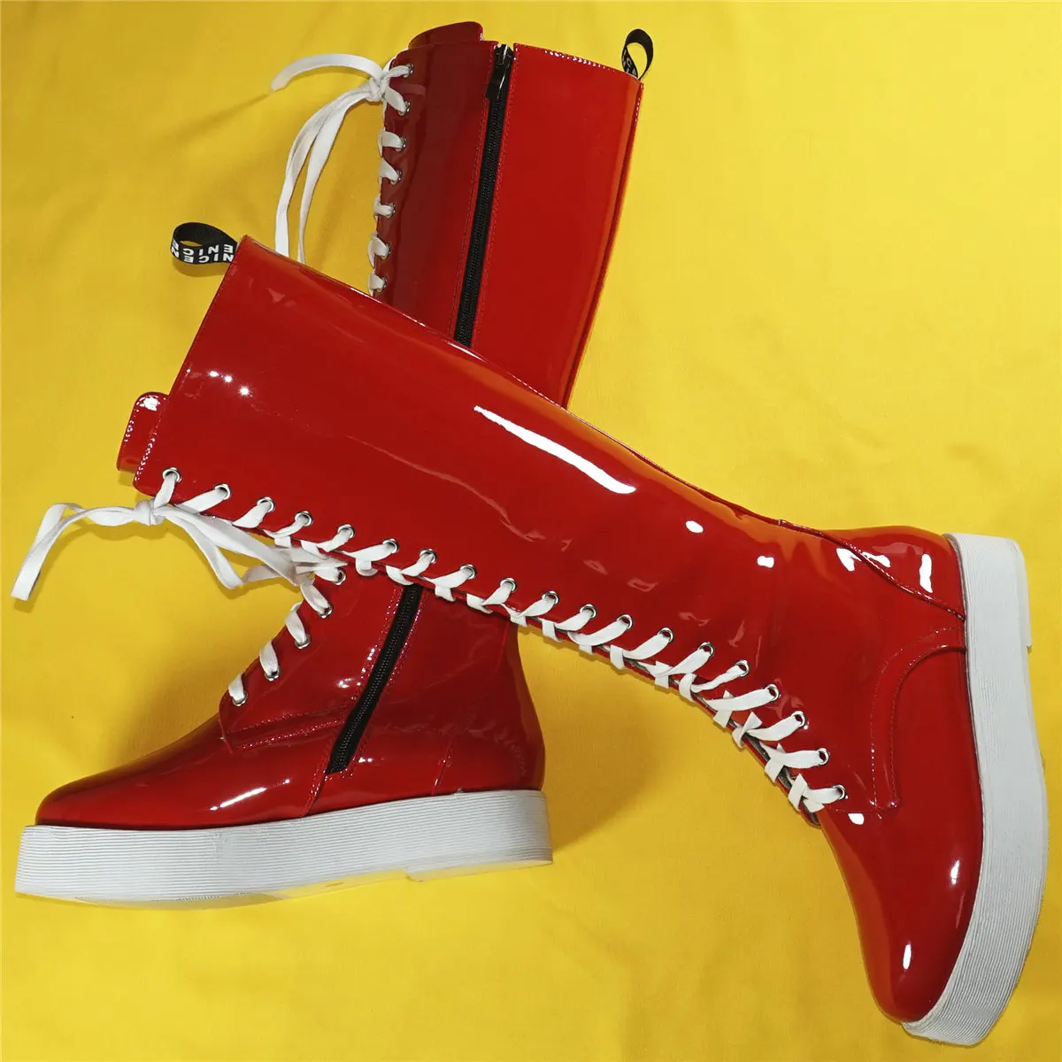 Red Fashion Sneakers Women Lace Up Patent Leather Knee High Boots ...