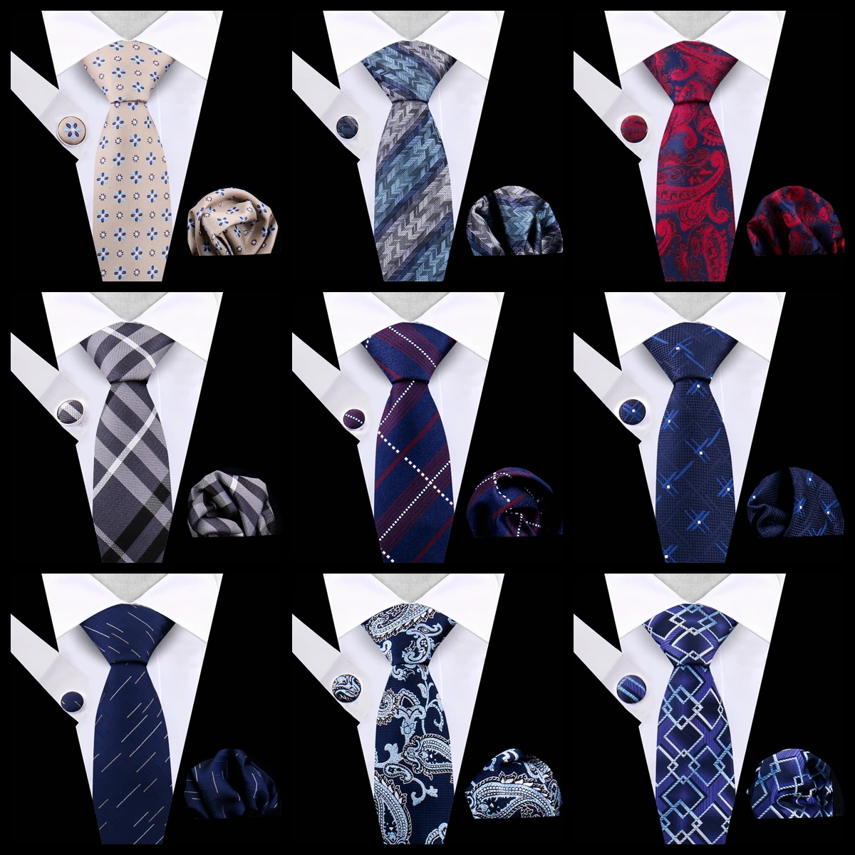 Men-Tie-Business-Set-3pcs-Neckties-Classic-Cufflink-Handkerchief-For ...