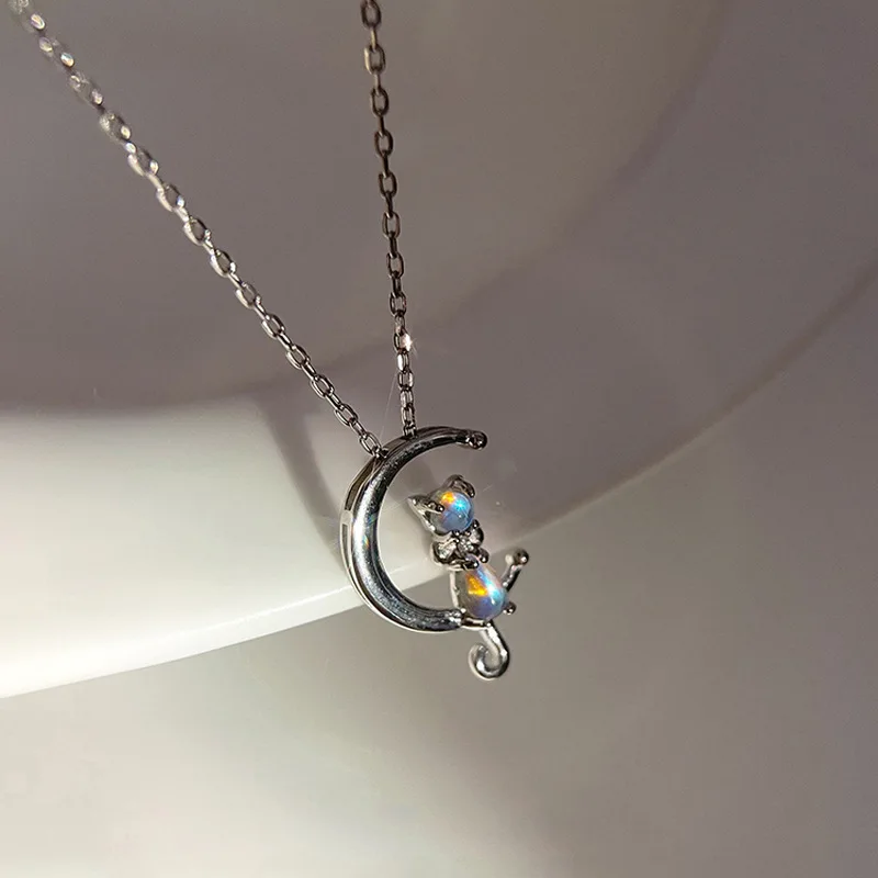 925 Silver Plated Moonstone Cat Moon Charm Pendent Necklaces For Women ...